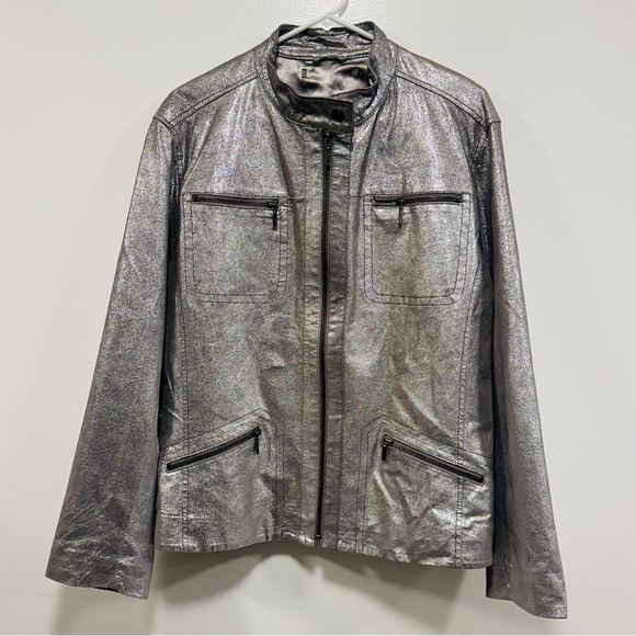 Chico's | Jackets & Coats | Chicos Leather Metallic Silver Moto Jacket ...